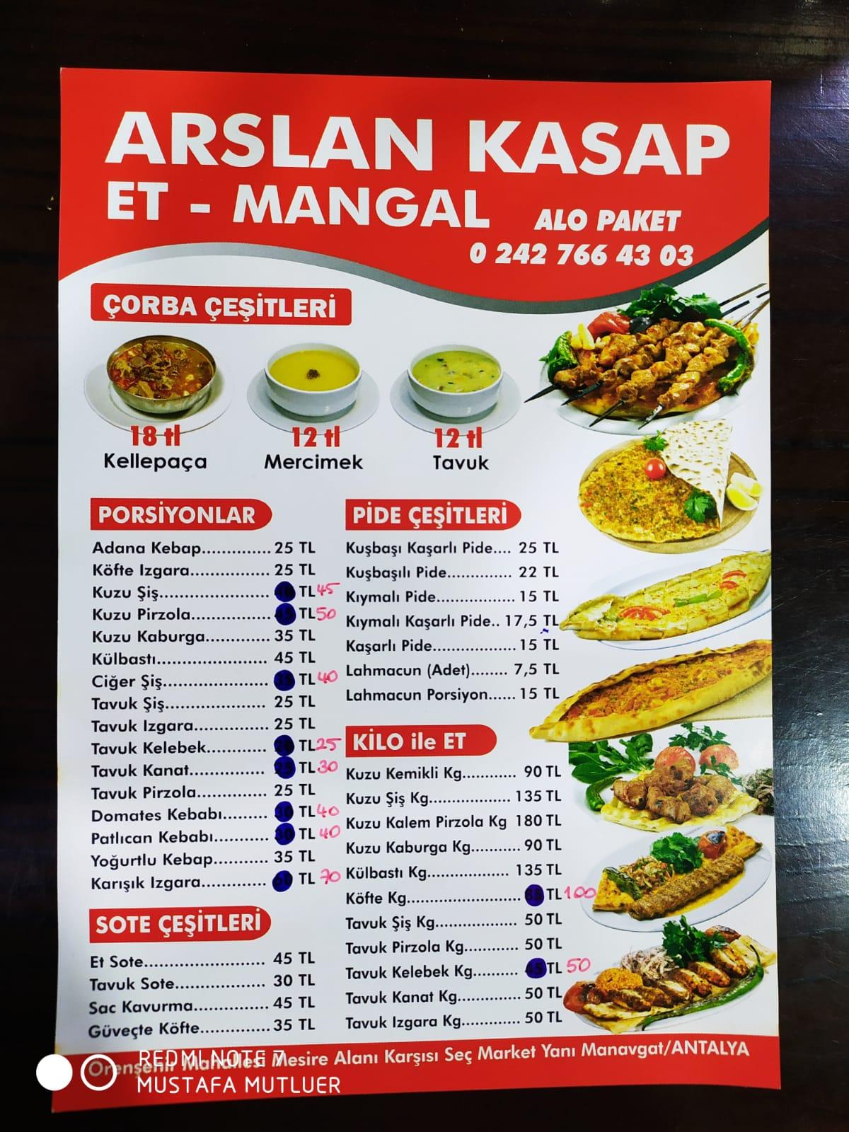 Menu at ARSLAN KASAP & RESTORAN, Turkey