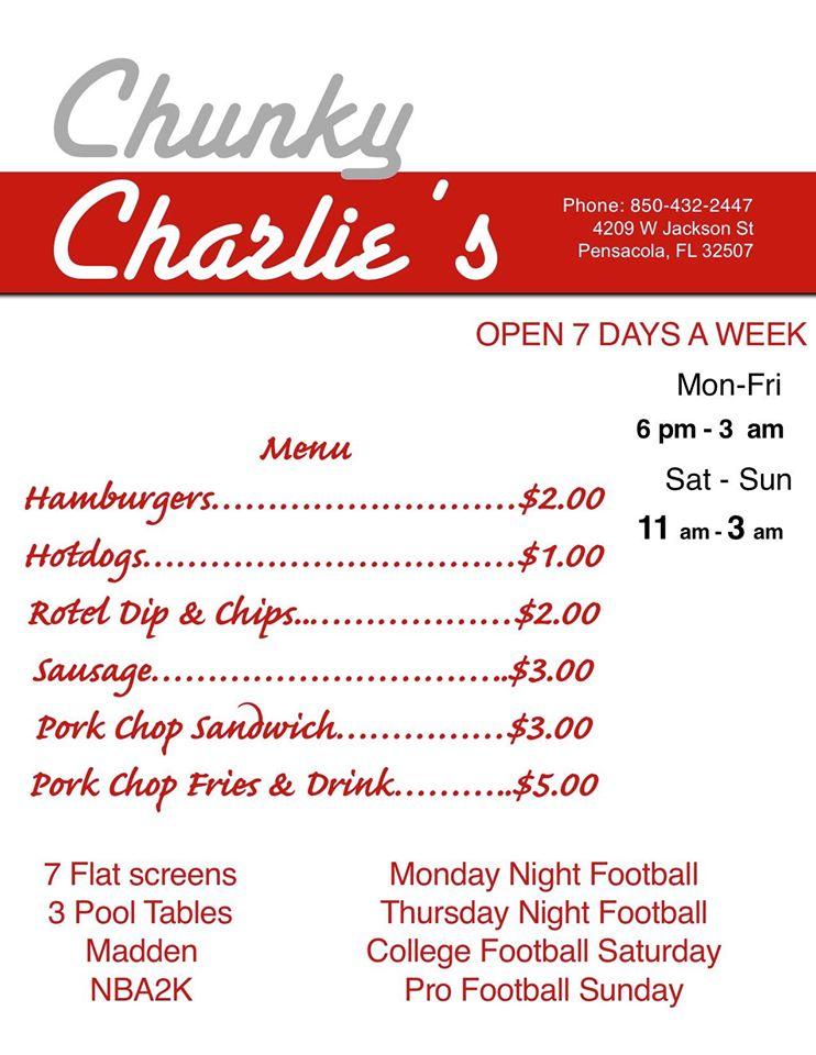 Menu at Chunky Charlie's restaurant, Pensacola