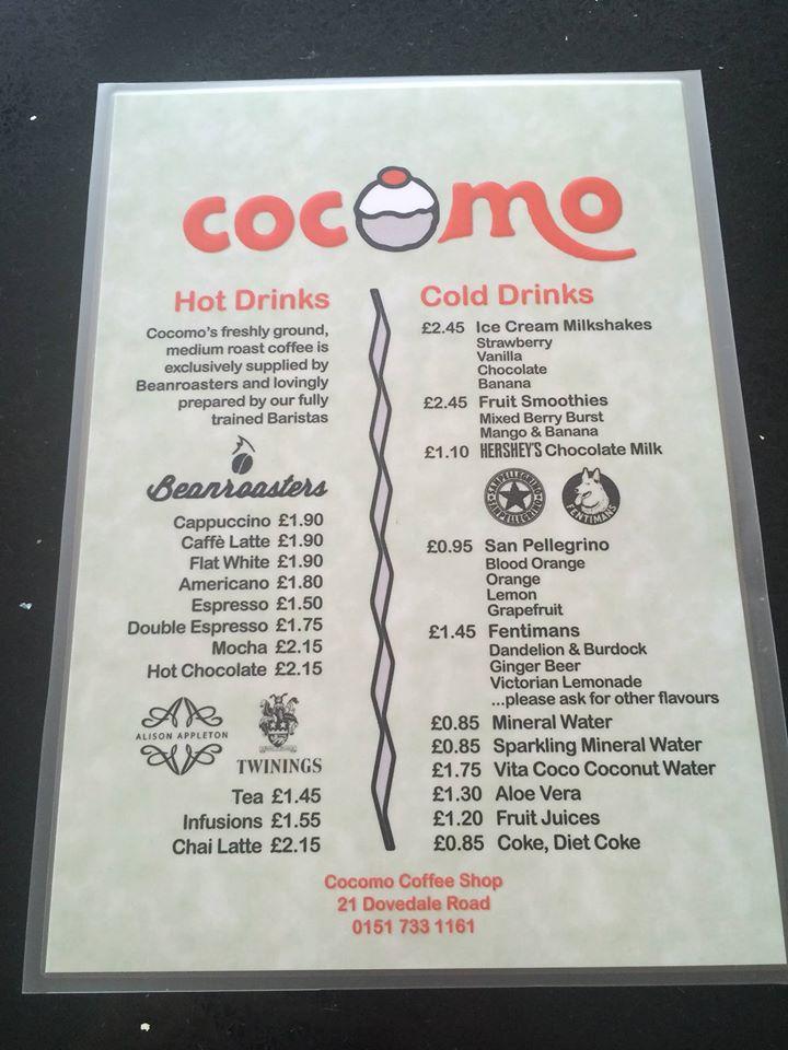 Menu at Cocomo's cafe, Liverpool