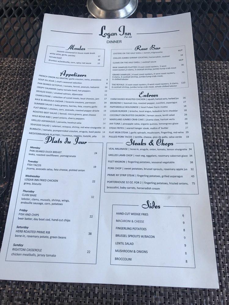 Menu at Logan Inn in New Hope PA steakhouse, New Hope