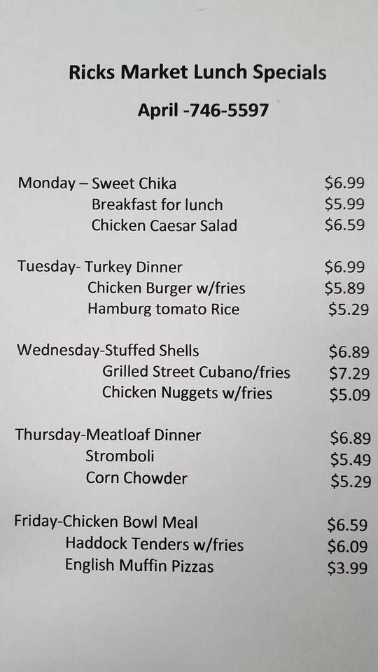 Menu at Ricks Market pizzeria, East Millinocket