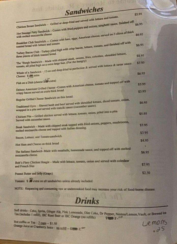 Menu at Robert's Roadside Inn restaurant, Beaver