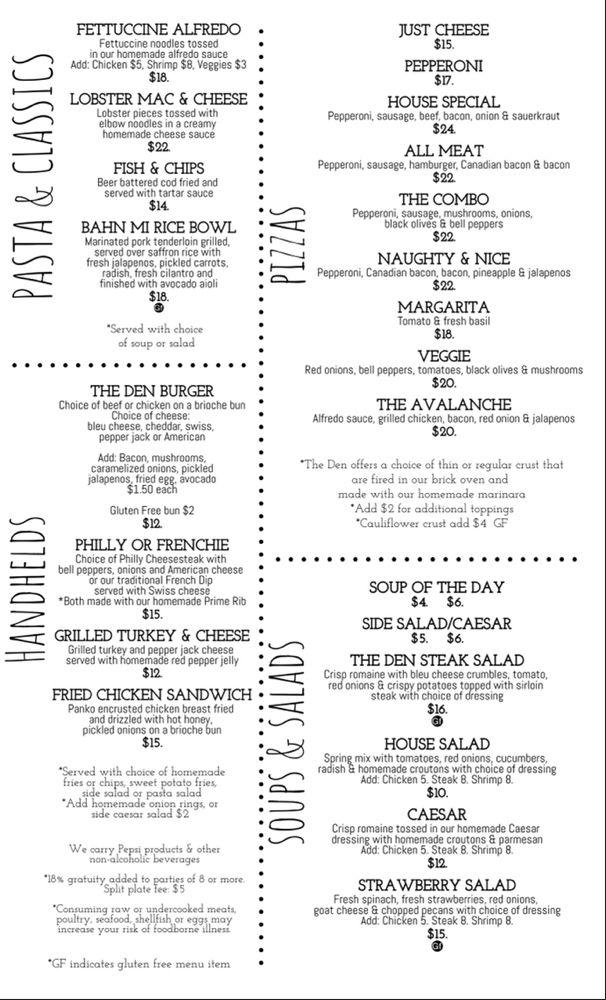 Menu at The Den steakhouse, Dillon