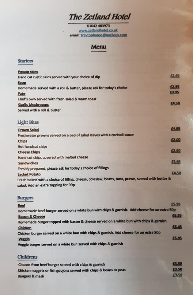 Menu at Zetland Hotel pub & bar, Marske-by-the-Sea