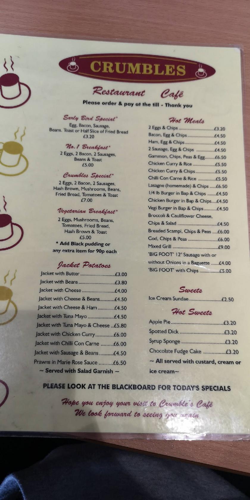 Menu at Crumbles cafe, Poole