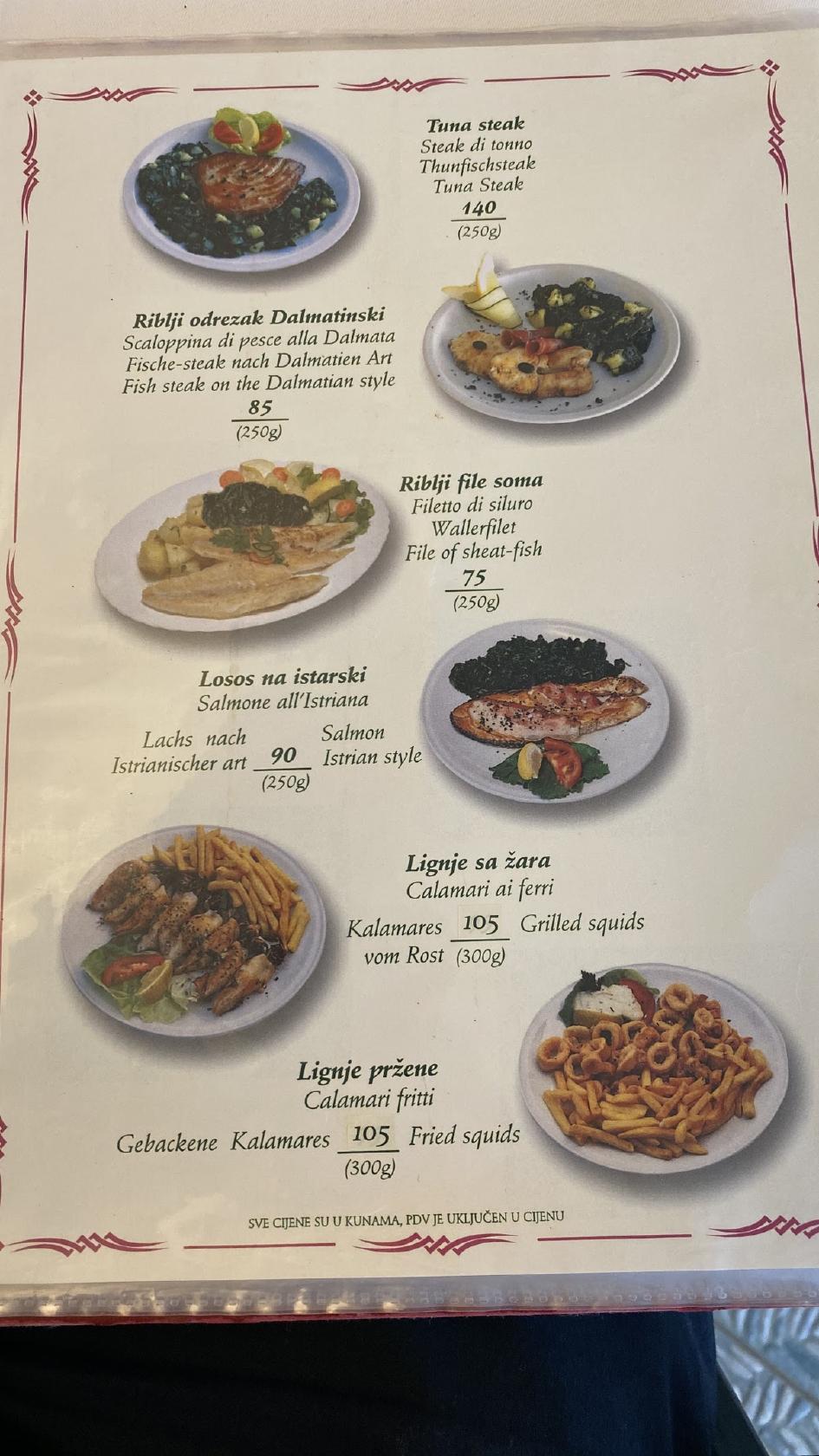 Menu au Laguna restaurant, Križine