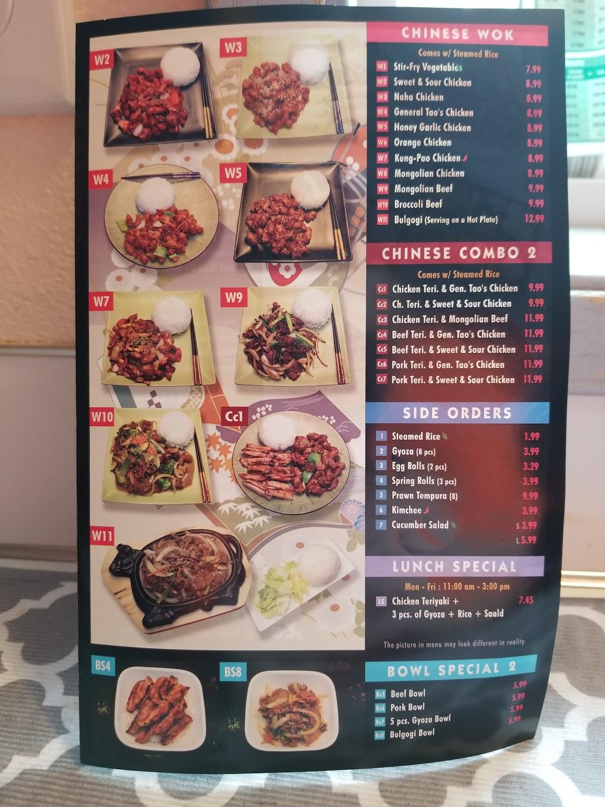 Menu at Naha Teriyaki restaurant, Stanwood