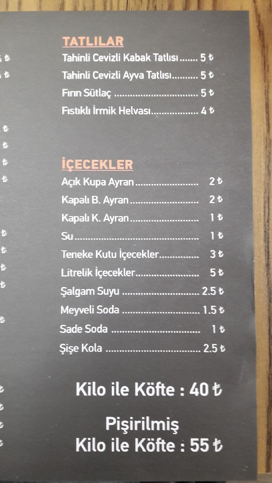 Menu at Tam Tam Kofte, Istanbul
