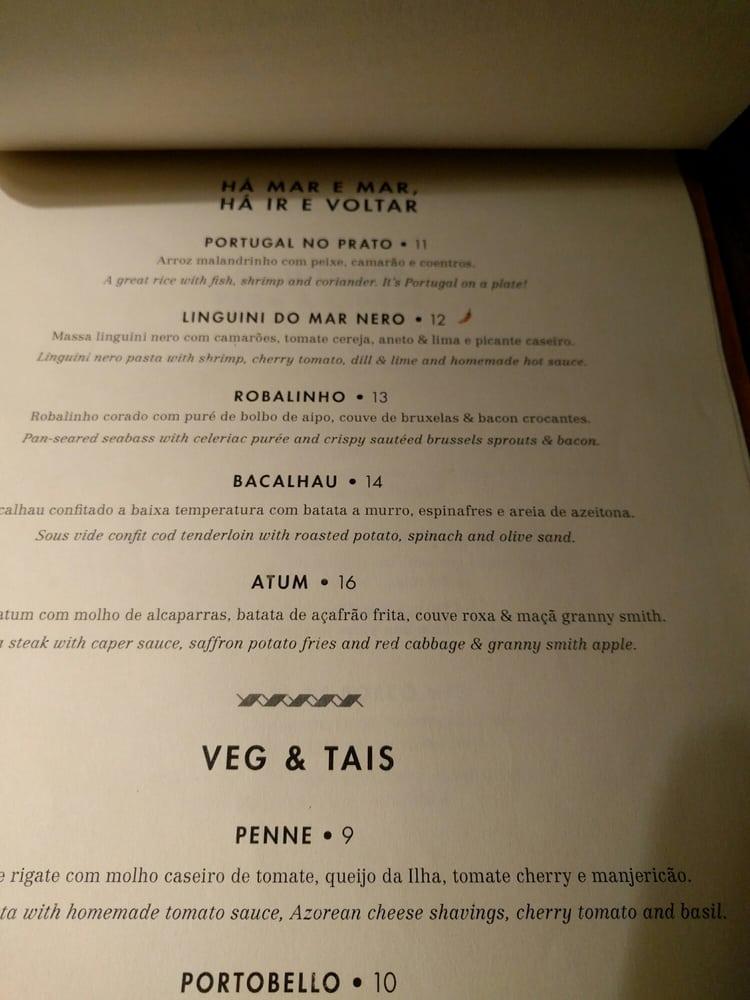 Menu at The Decadente restaurant, Lisbon