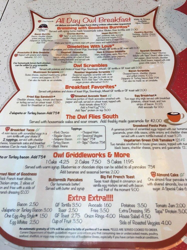 Menu at The Toasted Owl Cafe, Flagstaff