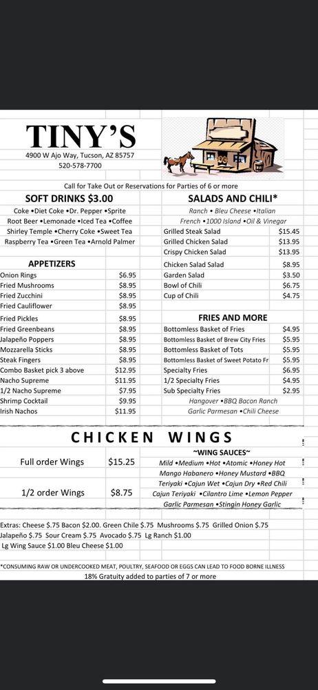Menu at Tiny's Family Restaurant, Tucson