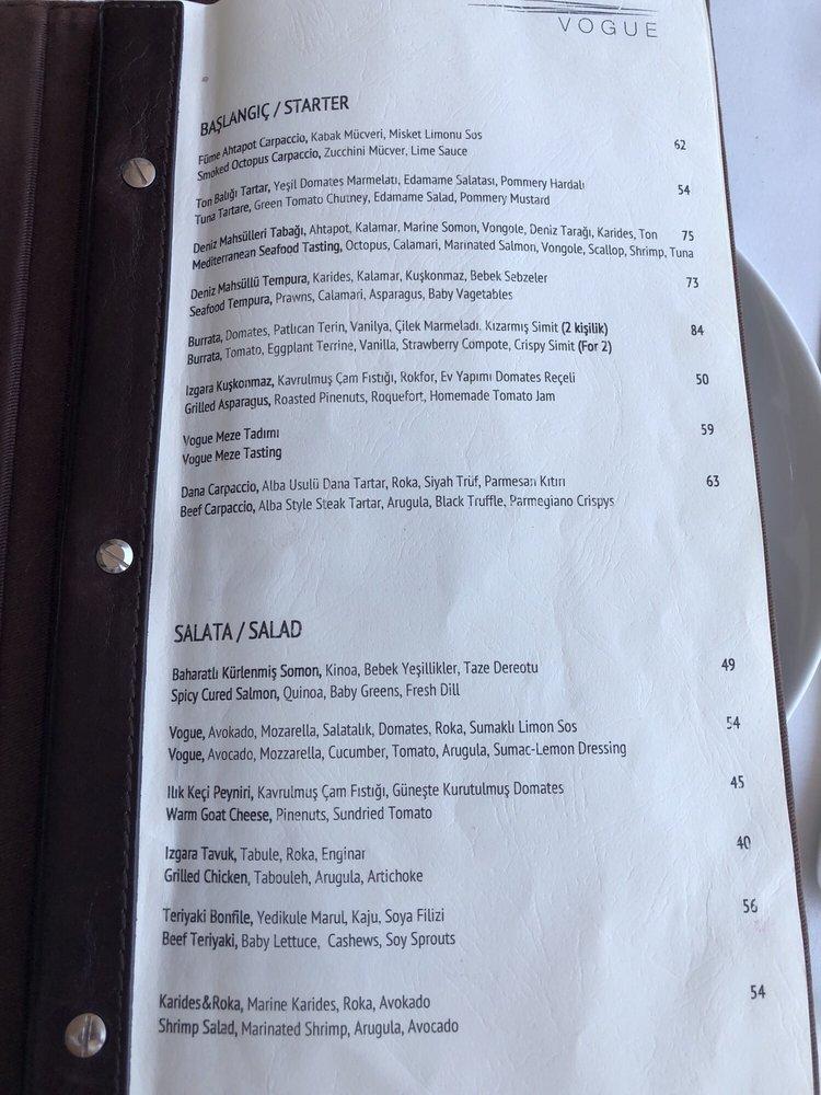 Menu at Vogue Restaurant & Bar, Istanbul, BJK Plaza