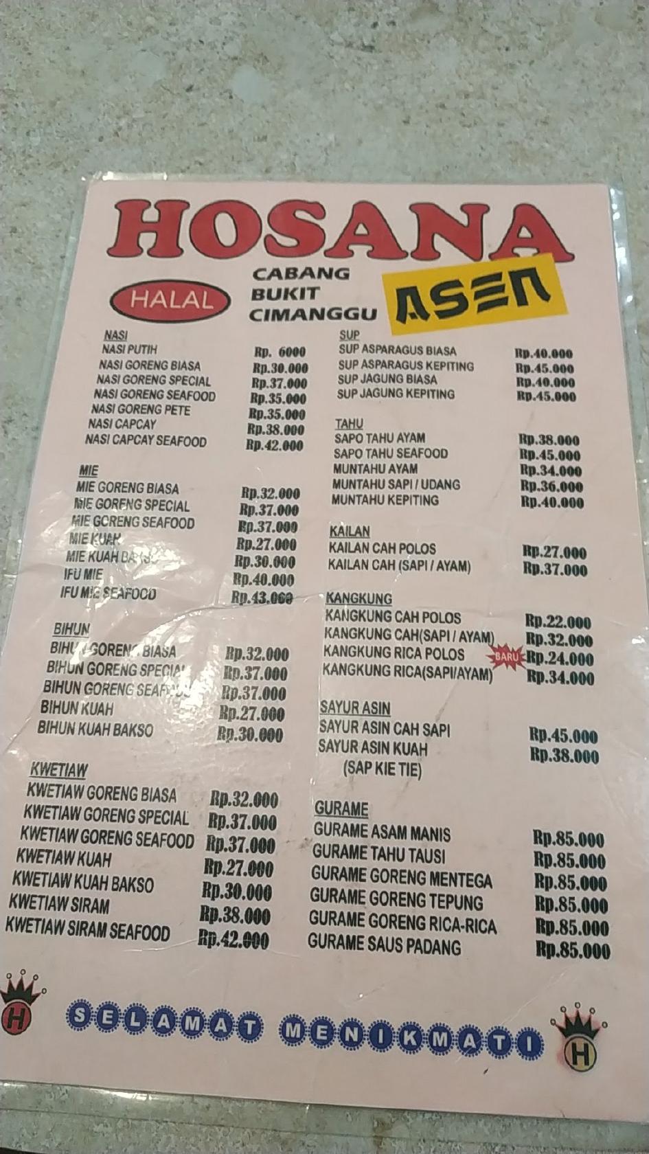 Carta del restaurante Hosana Bukit Cimanggu, Bogor, Jl. Bukit Cimanggu ...