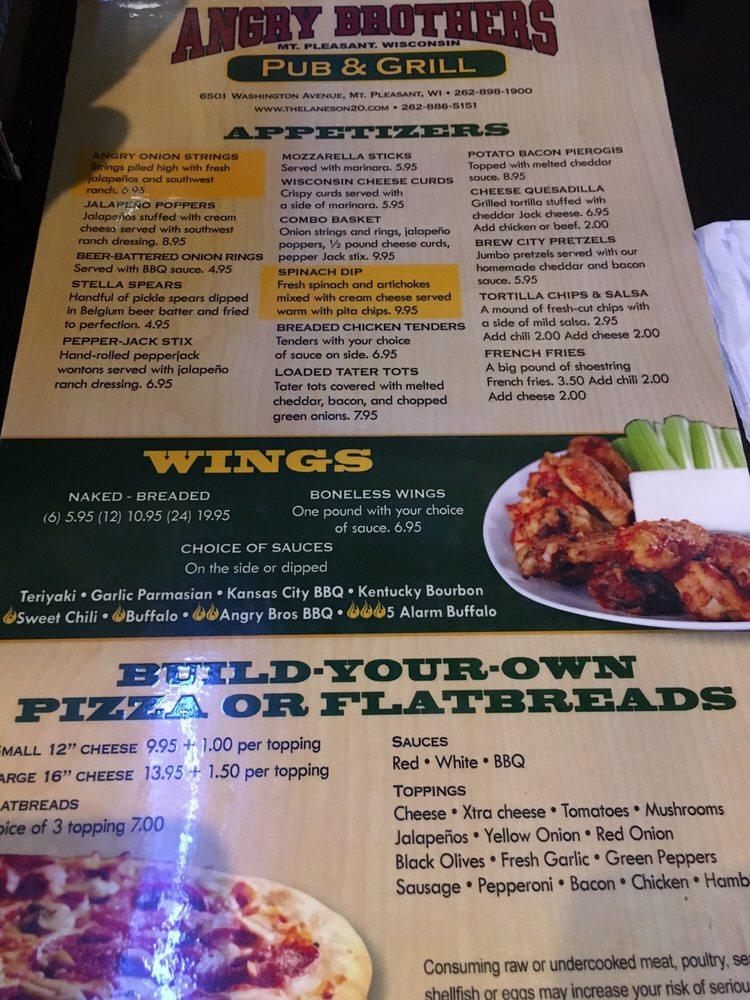Menu at Angry Brothers Pub, Mount Pleasant