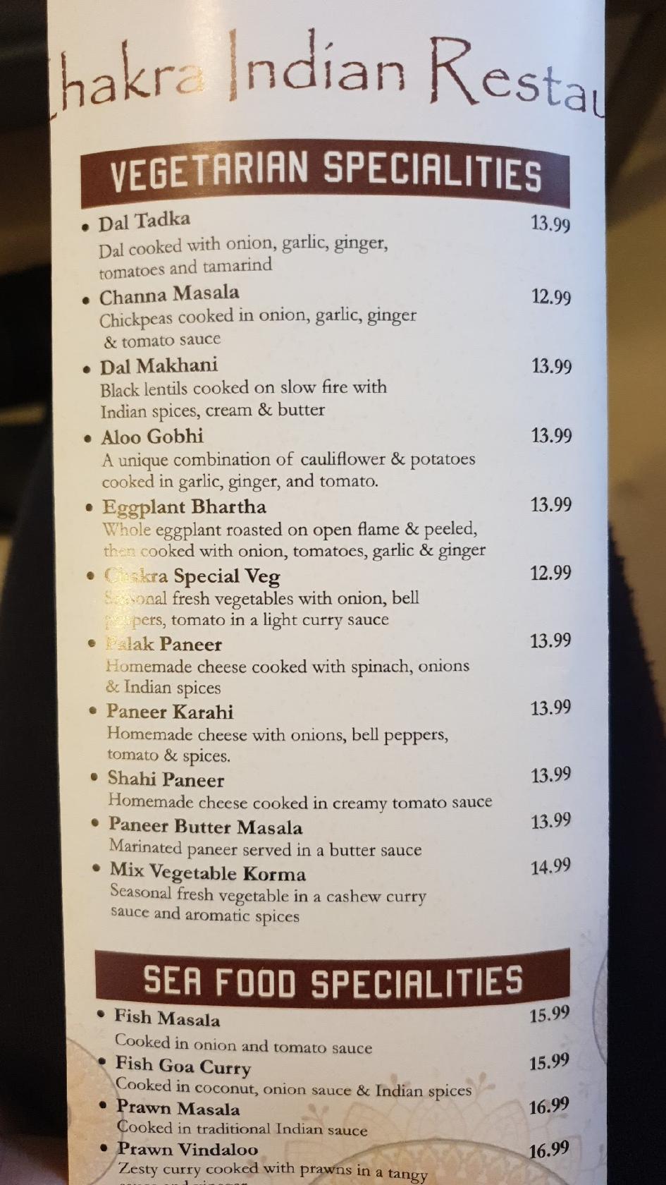 Menu at Chakra Indian Restaurant, Burnaby