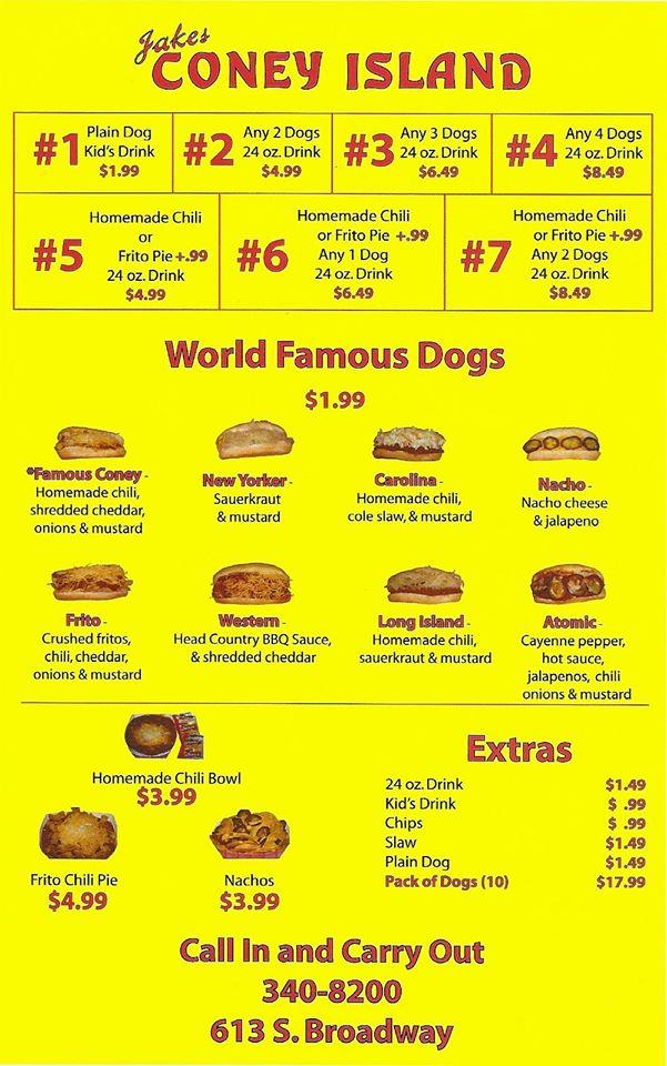 Menu at Jakes Coney Island restaurant, Edmond