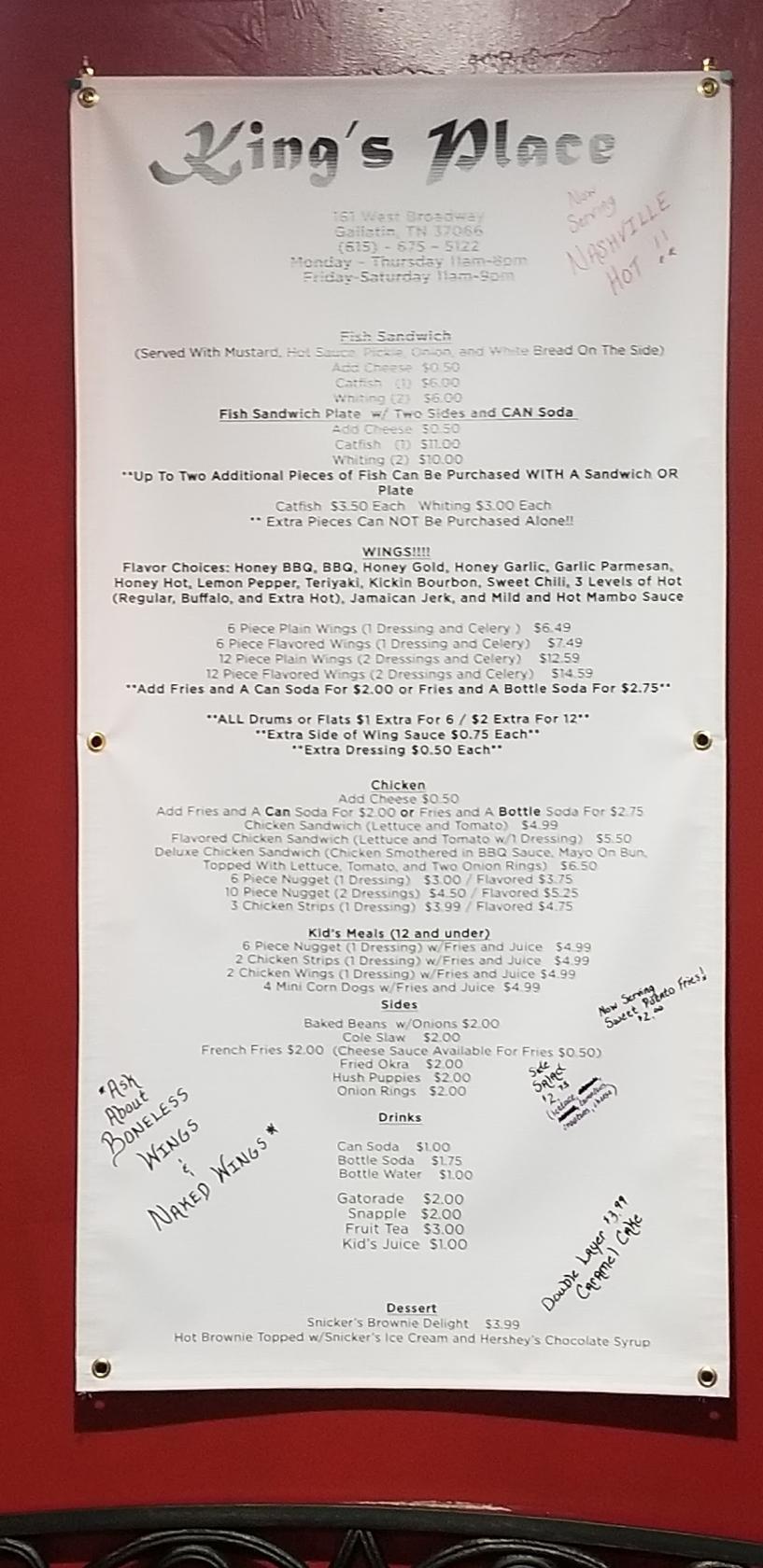 Menu at King's Place restaurant, Gallatin