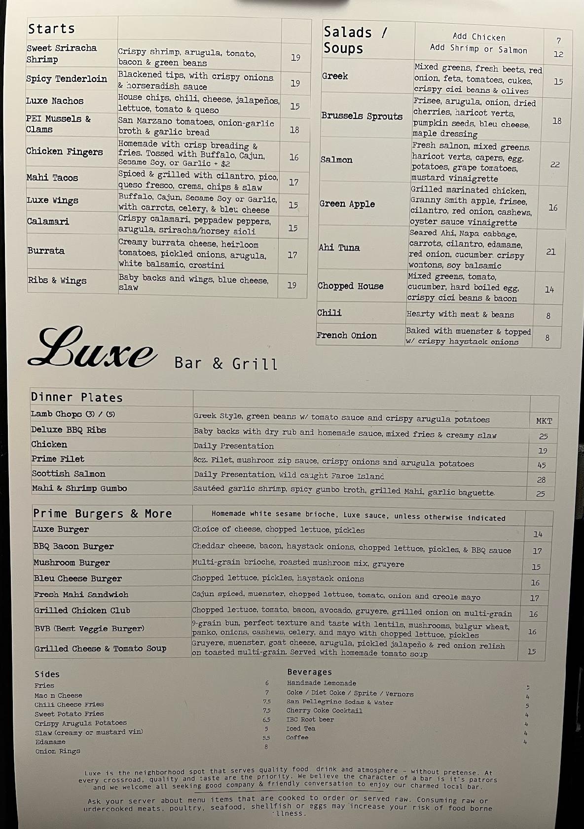 Menu at Luxe Bar & Grill, Grosse Pointe Farms, 115 Kercheval Ave