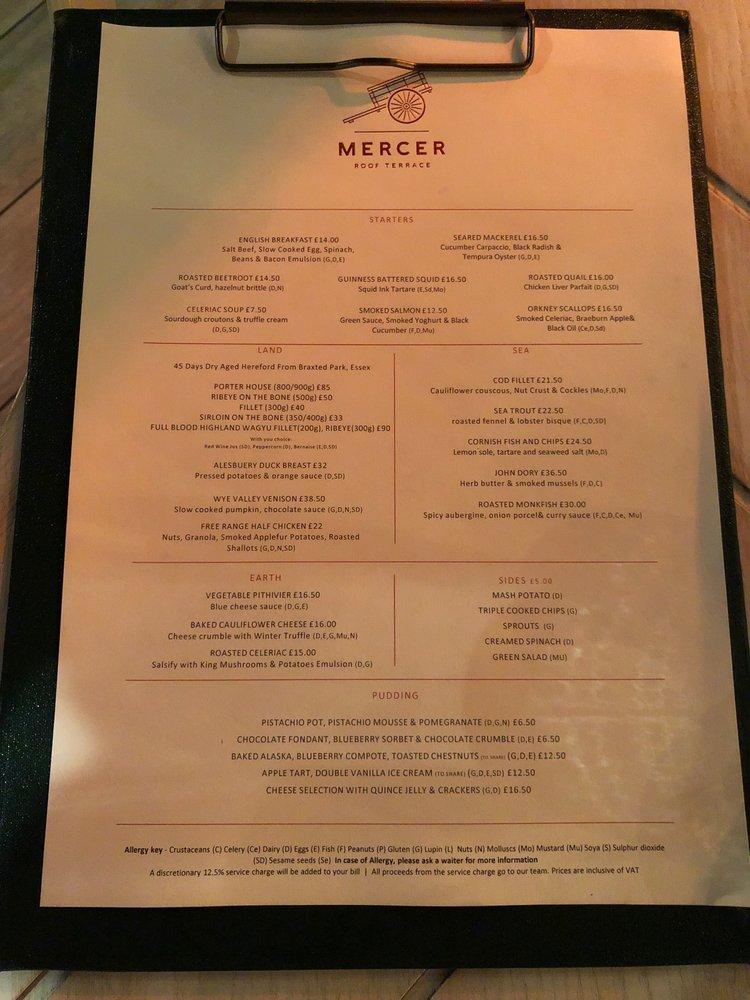 Menu at Mercer Roof Terrace restaurant, London