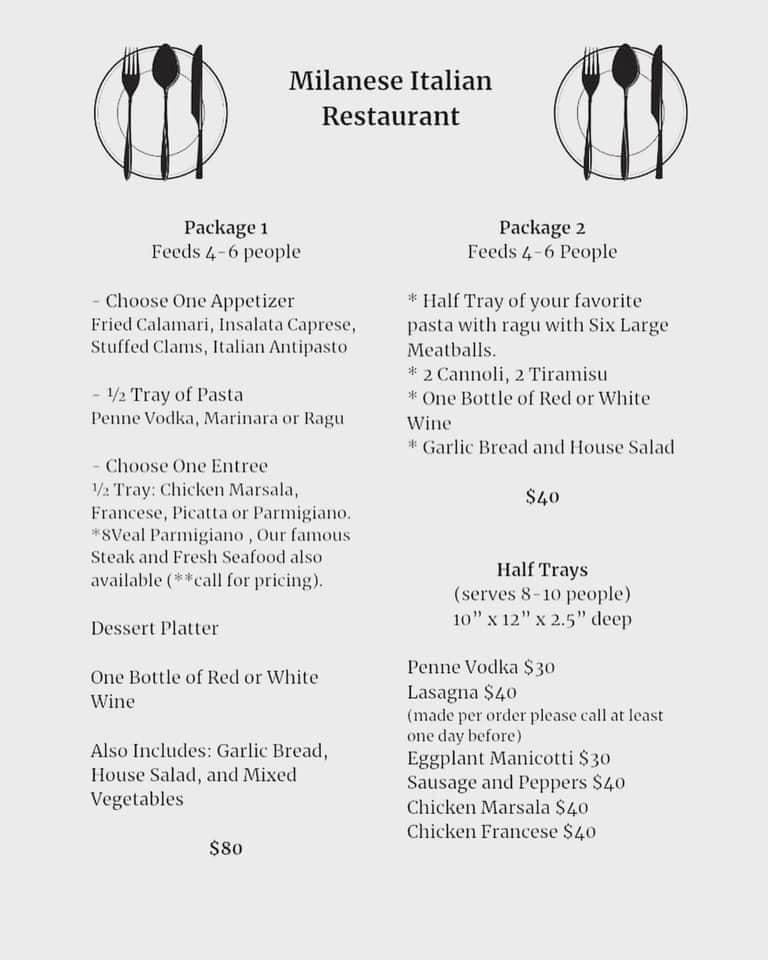 Menu at Milanese Italian Restaurant, Highland