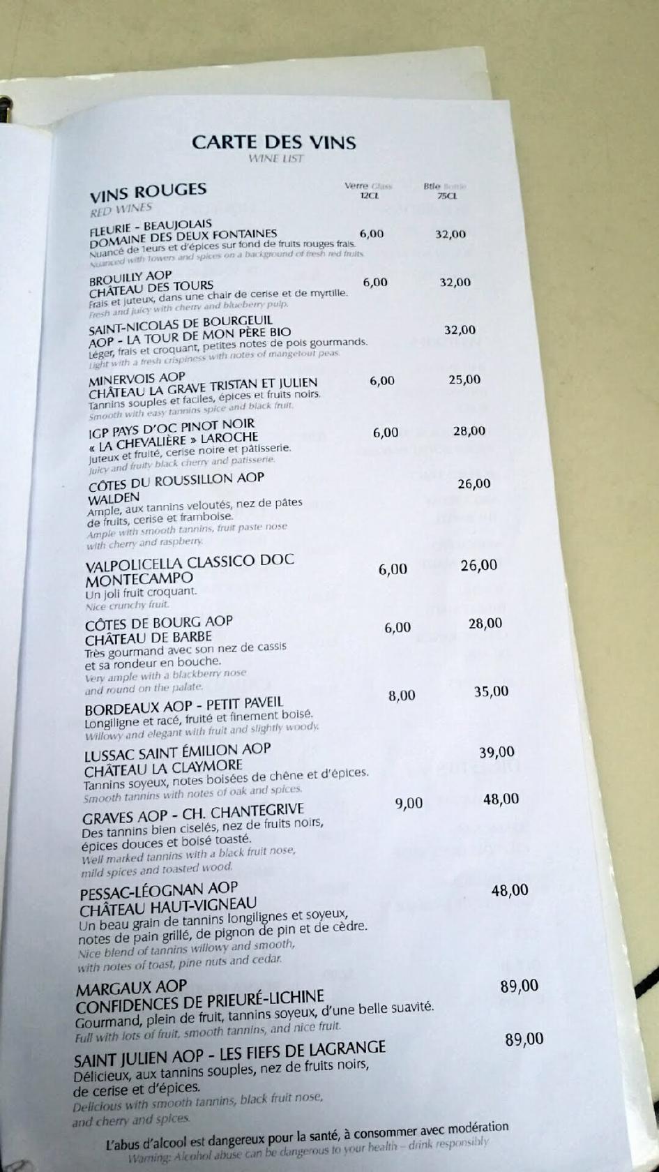 Menu at Monsieur Madame restaurant, Paris