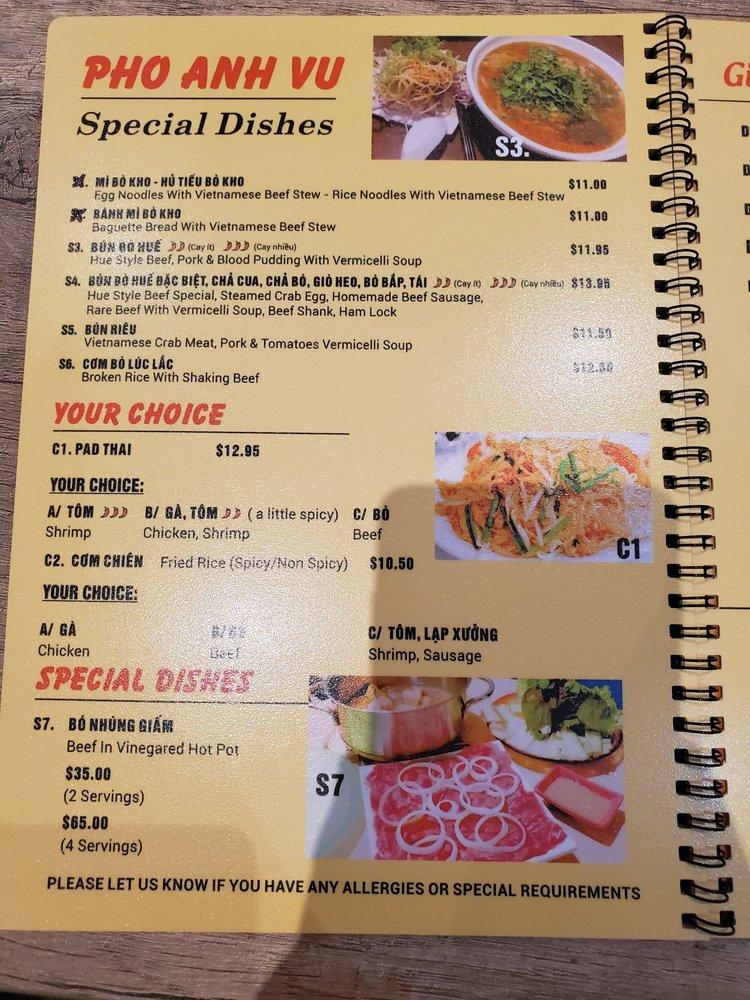 Menu at Pho Anh Vu restaurant, Toronto, Dufferin St