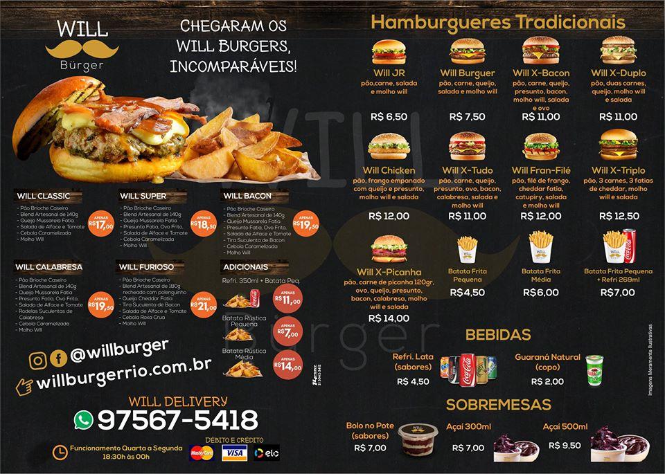 Menu at Will Burger restaurant, Rio de Janeiro