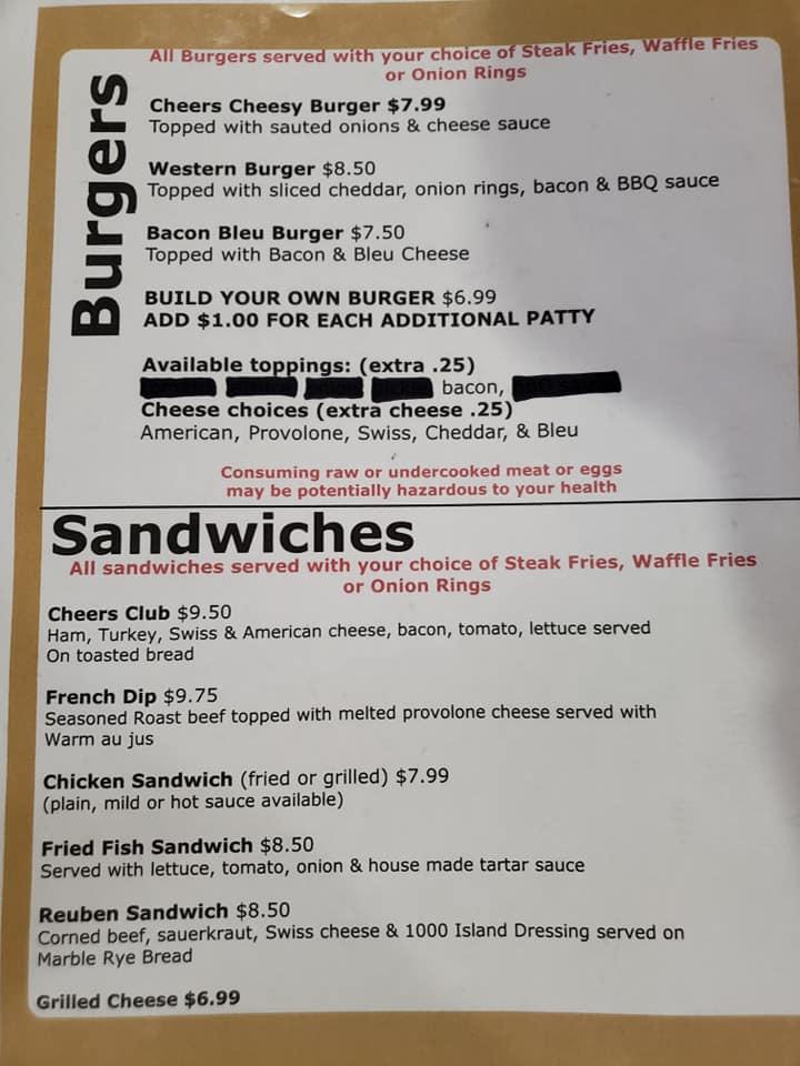 Menu at Cheers Bar & Grill, Manchester