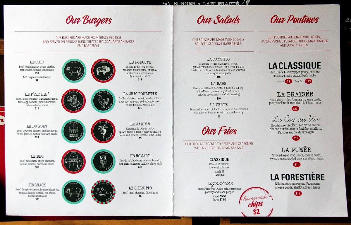 Menu au Chic Shack café, Québec