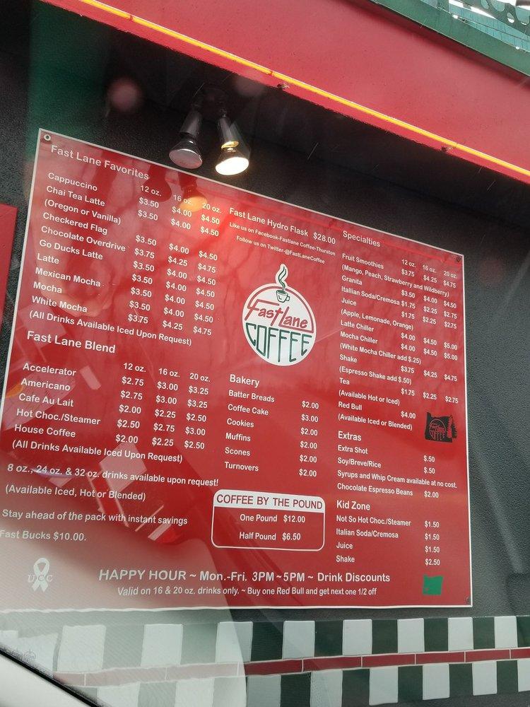 Menu at Fast Lane Coffee Co cafe, Springfield