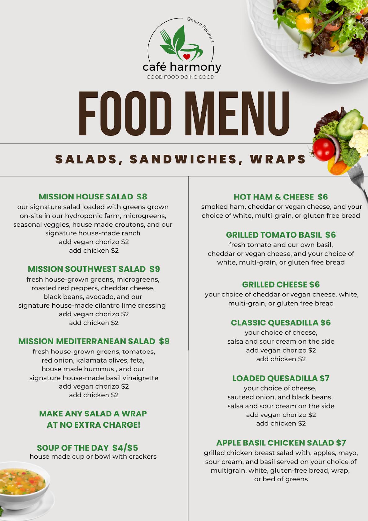 Menu at Grow It Forward - Harmony Cafe & Juicery, Manitowoc