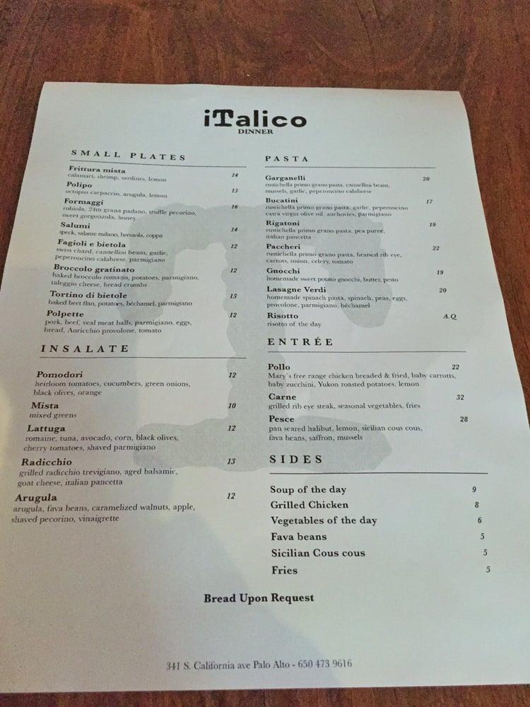 Menu at Italico Ristorante Pizzeria, Palo Alto
