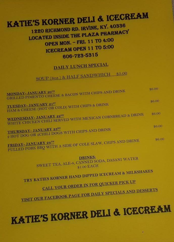 Menu at Katies Korner Ice Cream and Deli restaurant, Irvine