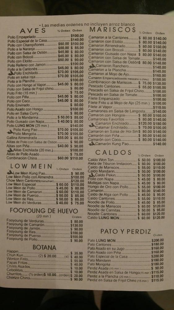 Menu at Lung Mon Playas restaurant, Tijuana