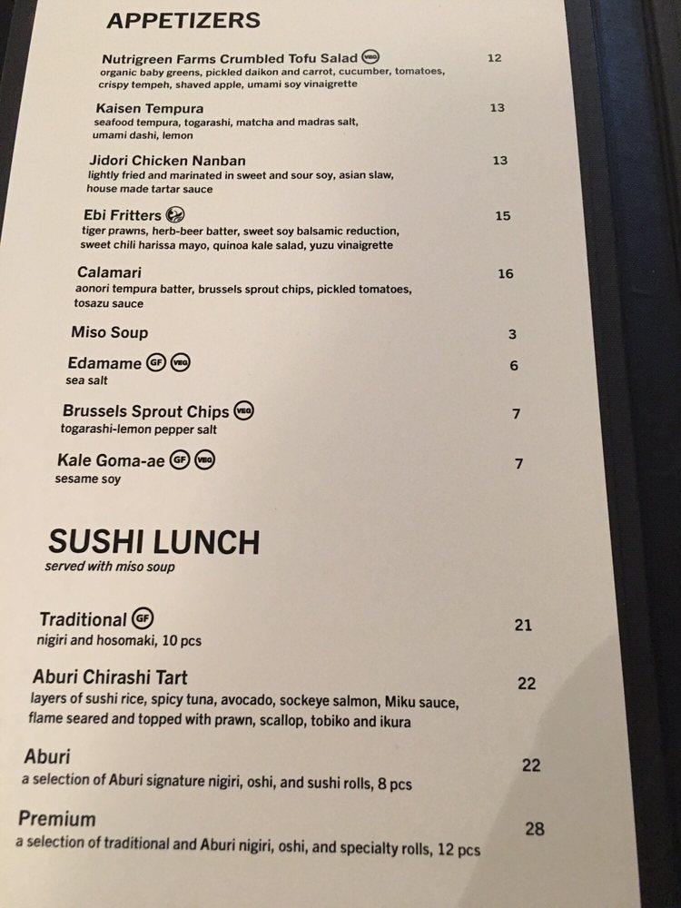 Menu at Minami restaurant, Vancouver