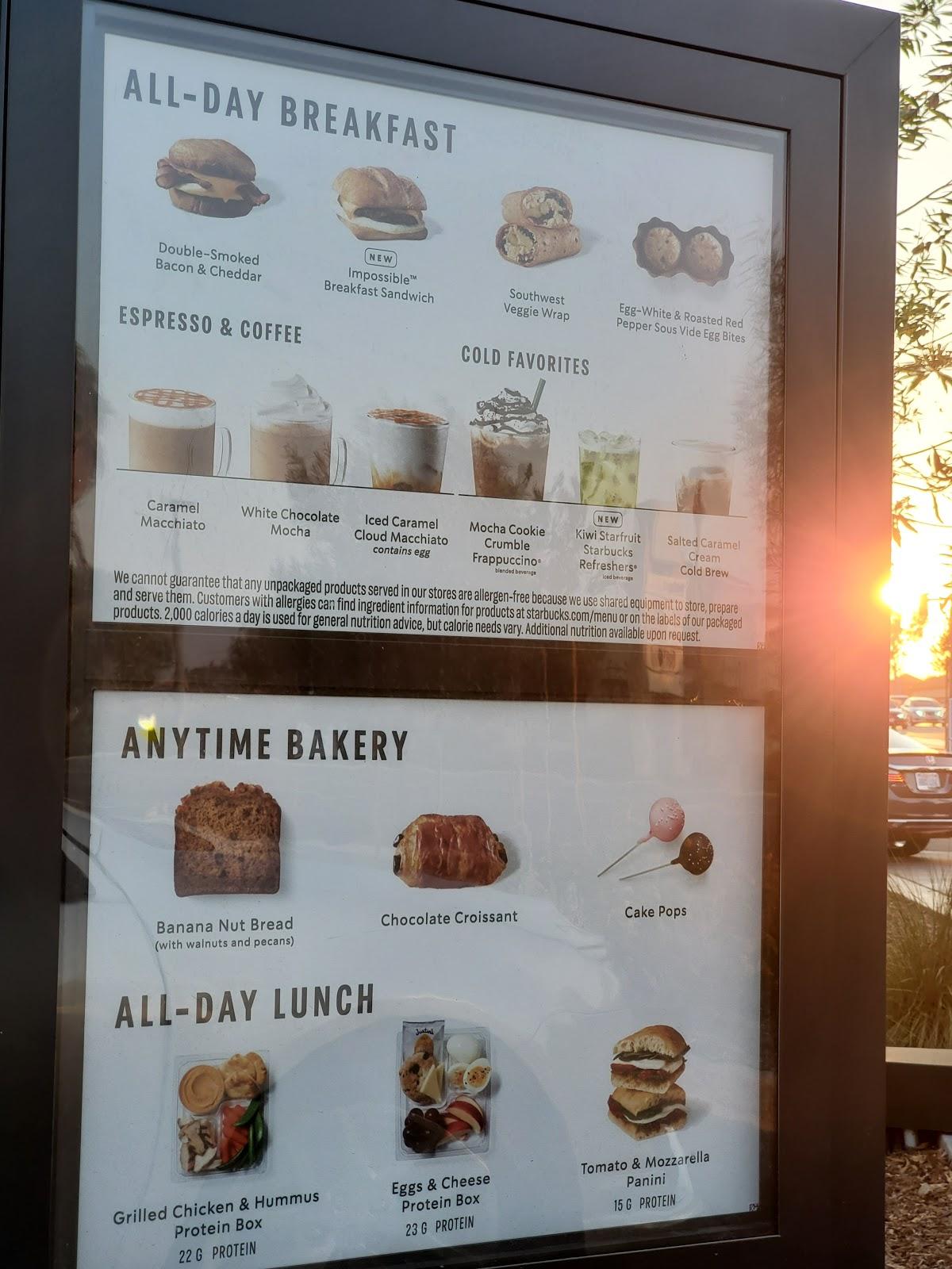 Menu at Starbucks restaurant, Rialto, W Foothill Blvd