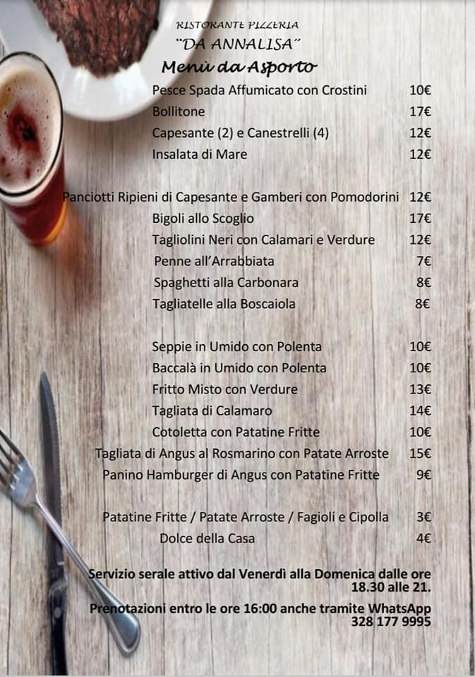 Menu da Bar Trattoria Pizzeria Da Annalisa, Scardovari