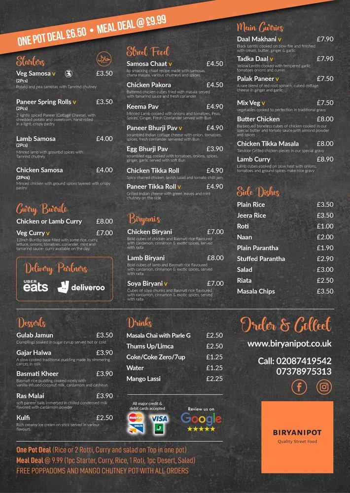 Menu at Biryani Pot restaurant, London