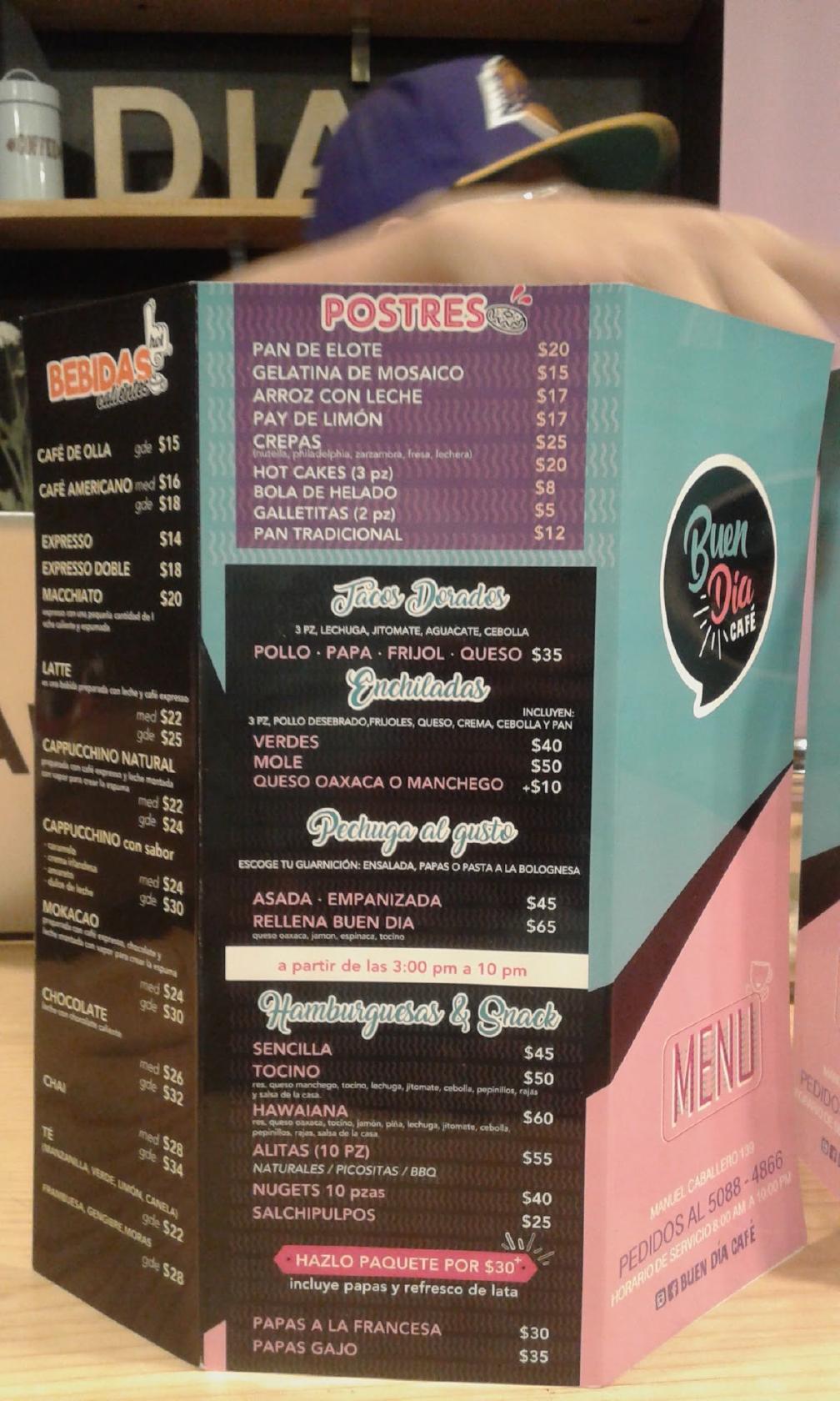 Menu at Buen Dia Cafe, Mexico City