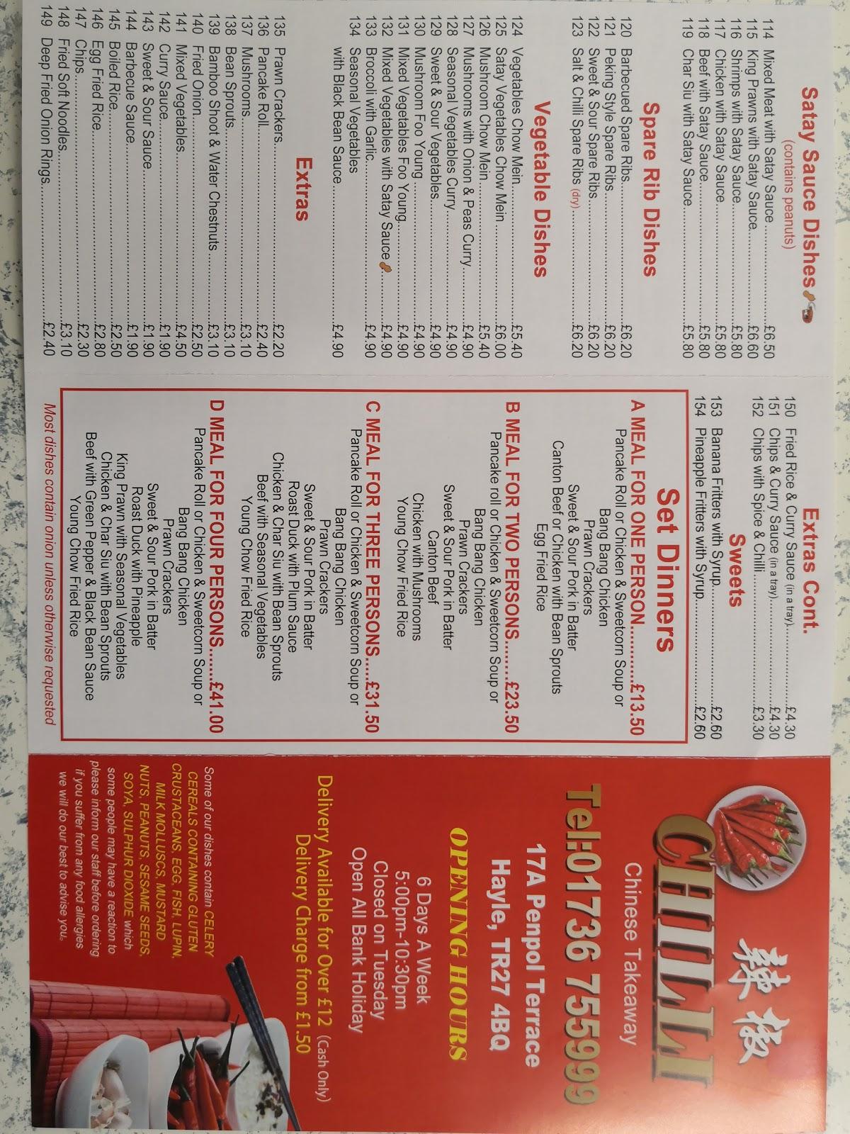Menu at Chilli Chinese Takeaway fast food, Hayle