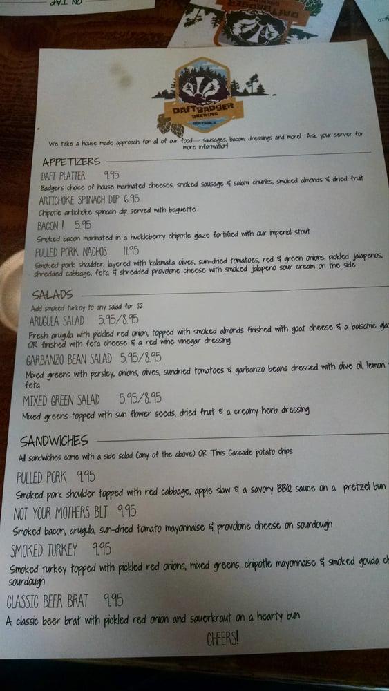 Menu at Daft Badger Brewing pub & bar, Coeur d'Alene