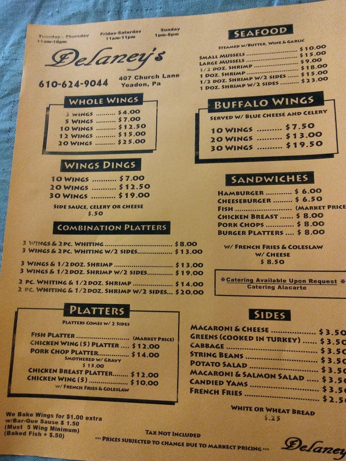 Menu at Delaney's Soul Food restaurant, Yeadon
