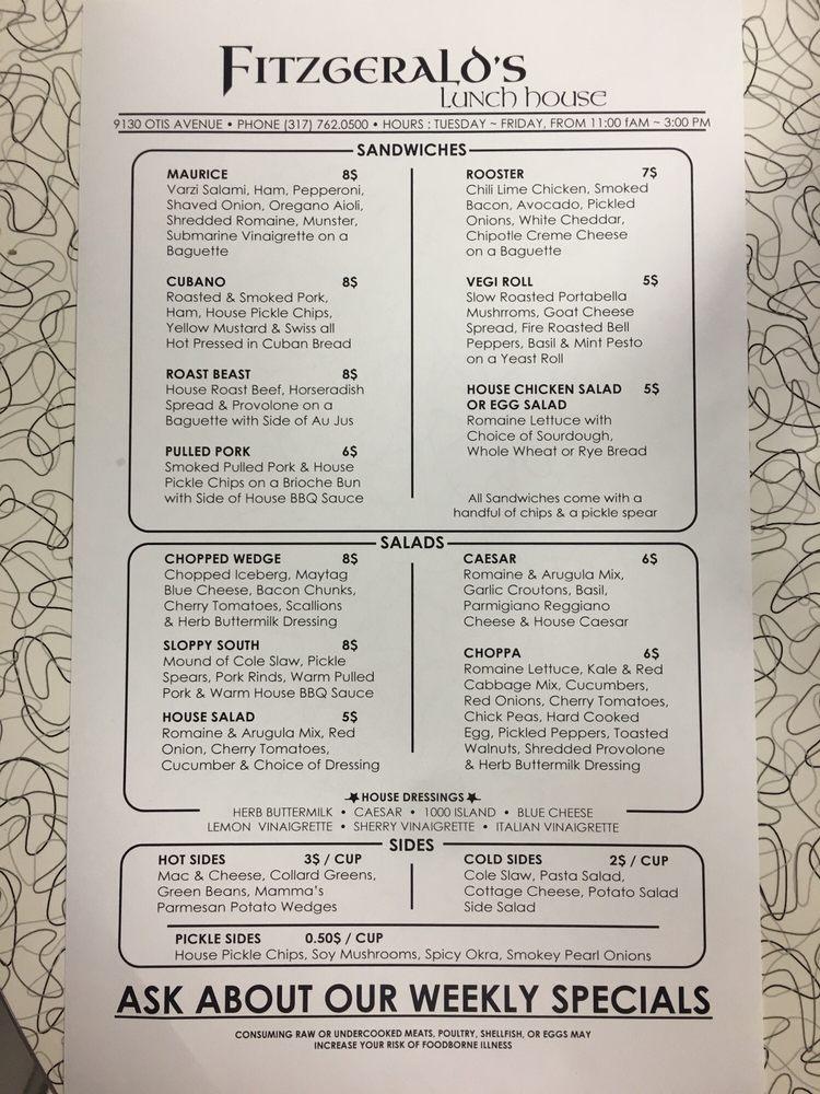 Menu at Fitzgerald's Lunch House BBQ, Indianapolis