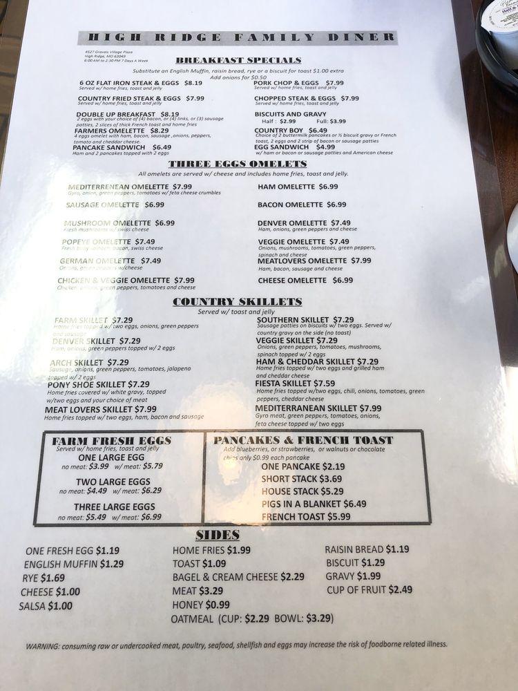 Menu at High Ridge Family Diner restaurant, High Ridge
