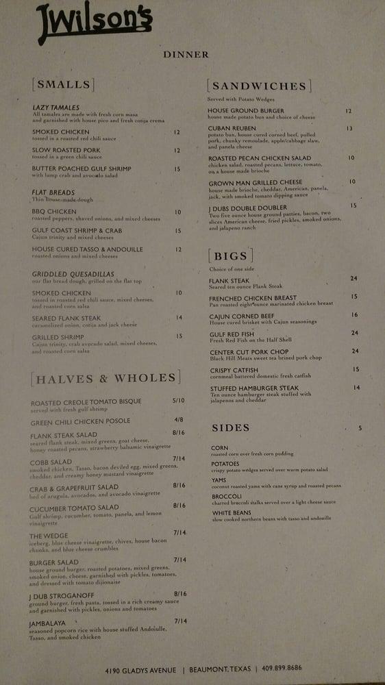 Menu at JWilson's pub & bar, Beaumont
