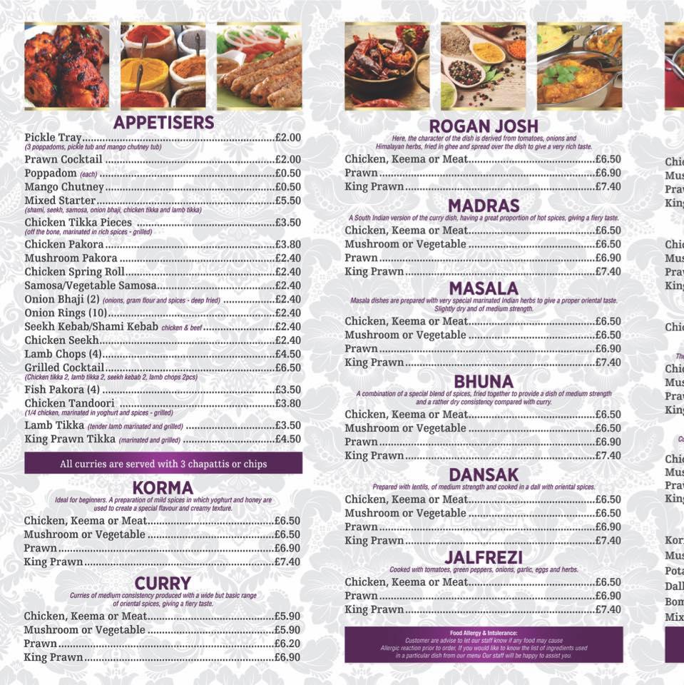 Menu at Khyber restaurant, Batley, 1