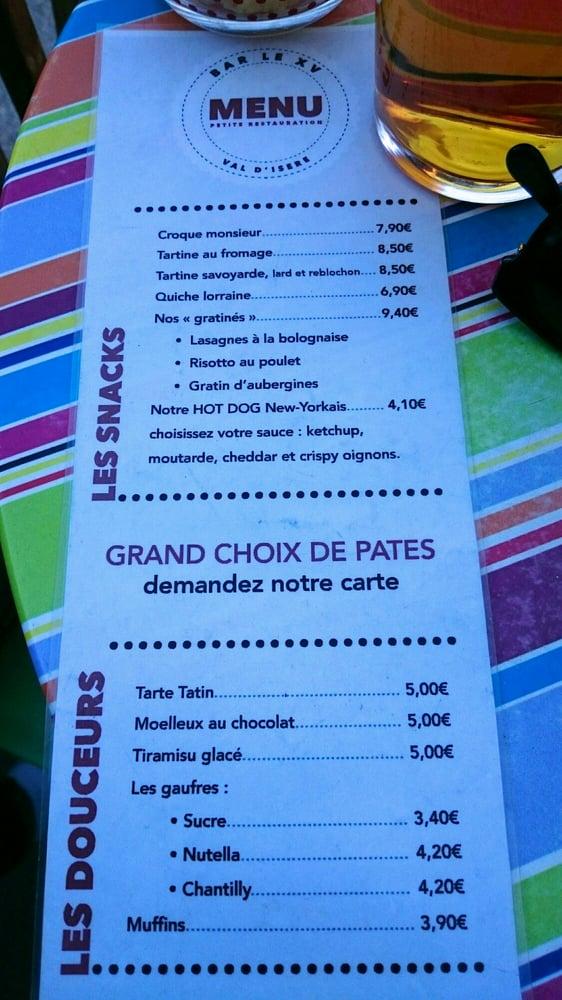Menu at Le XV pub & bar, Val-d'Isère