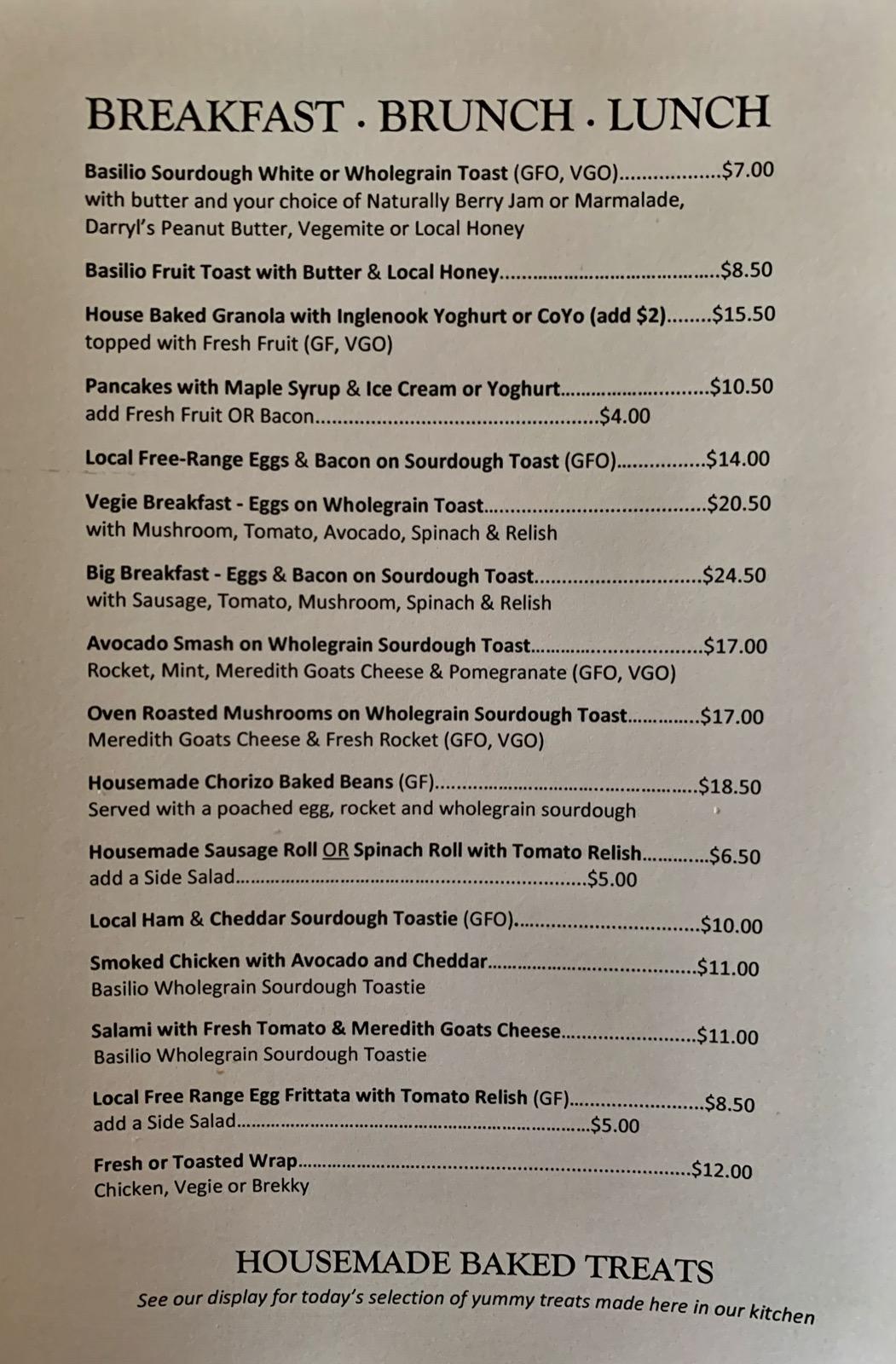 Menu at Maggie and Kate cafe, Buninyong