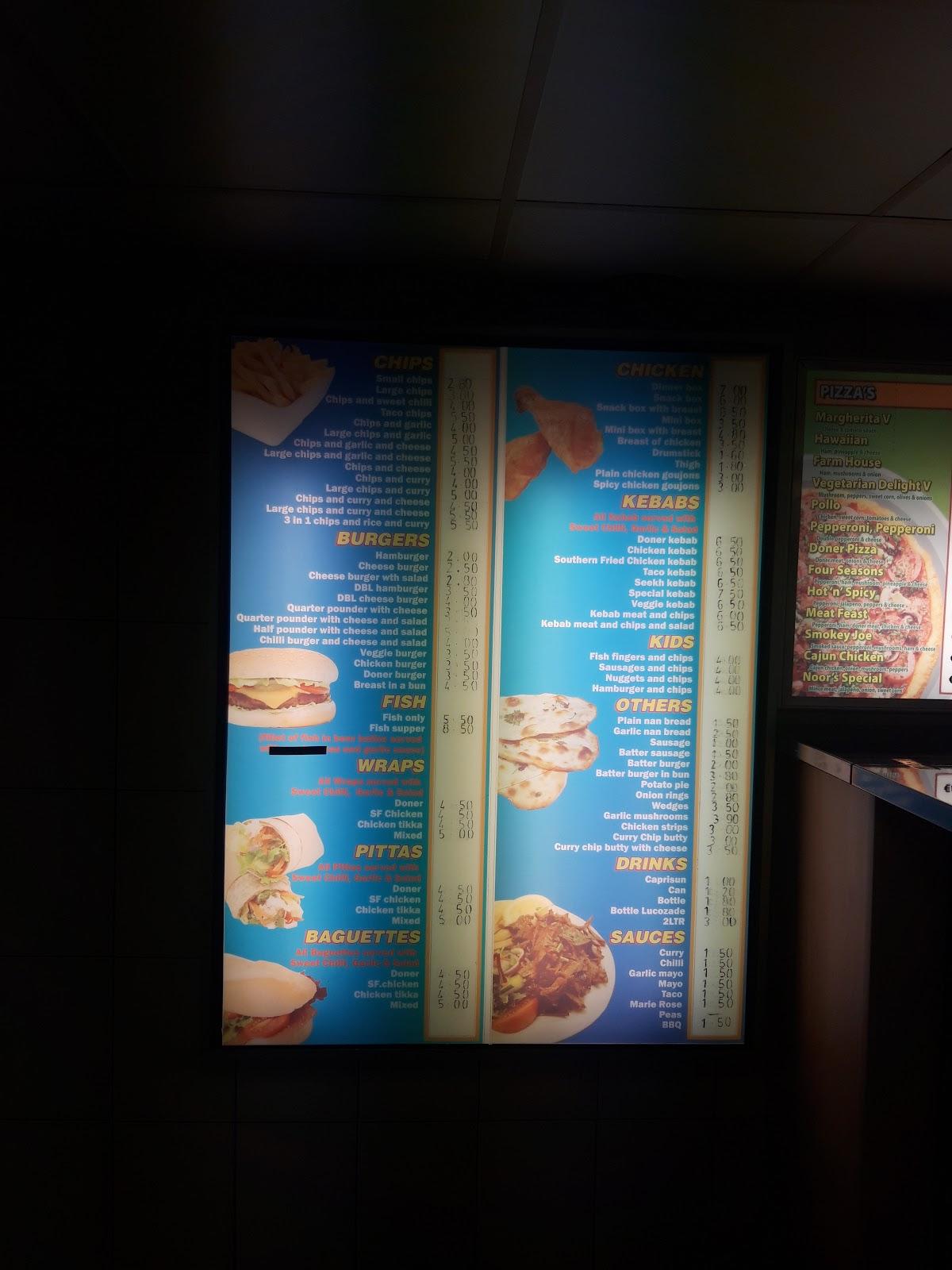 Menu at Noor's restaurant, Clonmel