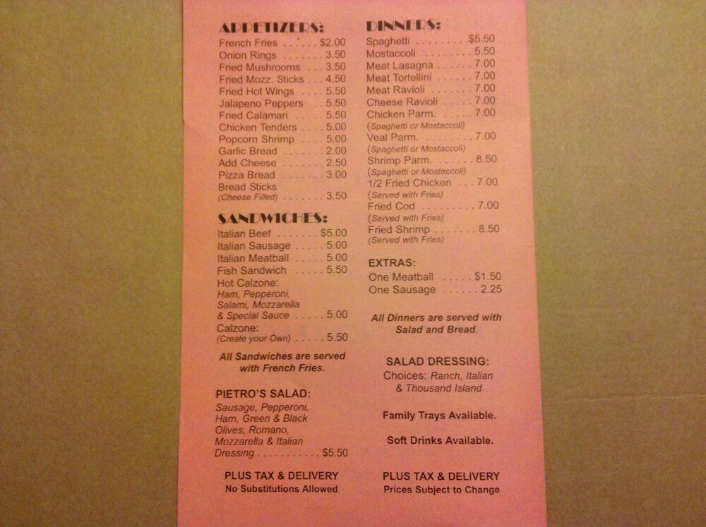 Menu at Pietro's Pizzeria, Roscoe